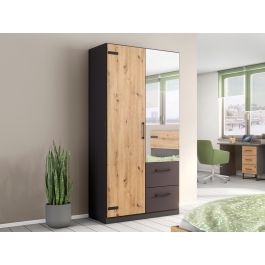 Armoire BUTTO 2 portes 2 tiroirs chêne artisan/gris métal avec miroir