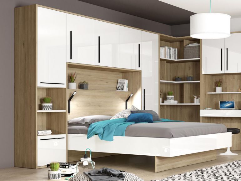 Lit pont MOKA 140x190 cm blanc brillant/chêne sans tiroirs